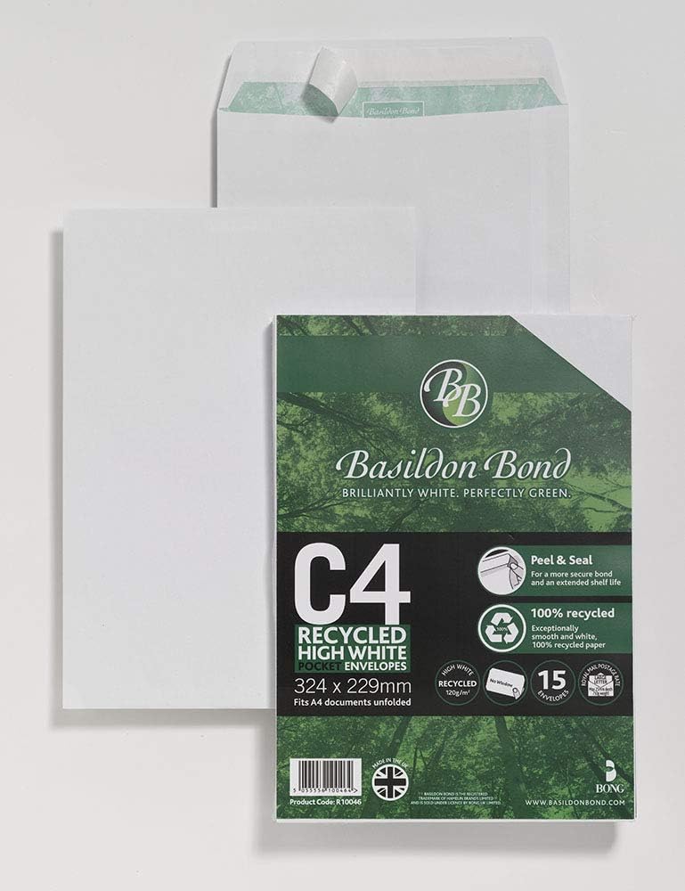 Basildon Bond C4 Recycled White 120gsm Peel & Seal Pocket, Pack 15 ...