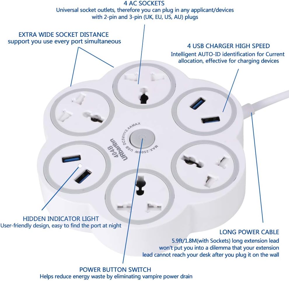 URbantin Power Strip Extension Lead with 4 Way Sockets Extension 4 USB ...