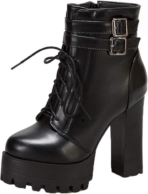 Lady High Heel Boots British Square Heel PU Leather Boots Round Toe ...