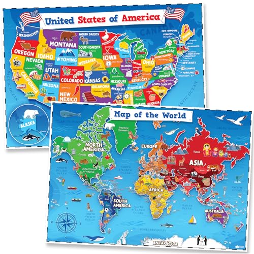 United States & World Map Poster for Kids - 2 Pc - 24 x 16 Inch ...