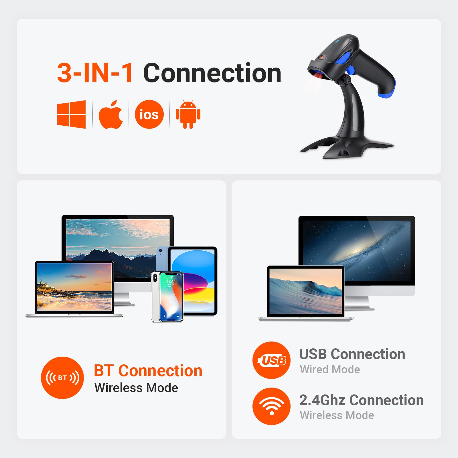 Mua Tera Barcode Scanner Wireless 1D 2D QR with Stand: Battery Level ...
