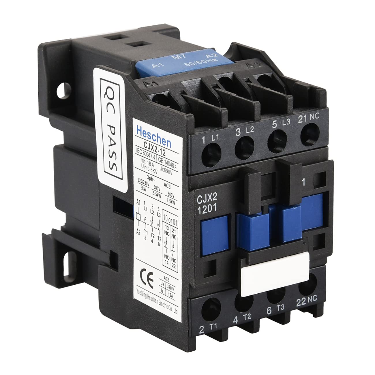 Heschen AC Contactor, CJX2-1201, 220V 50/60Hz Coil, 3P, 3 Pole, Normally Closed, Ie 12A, Ue 380V ...