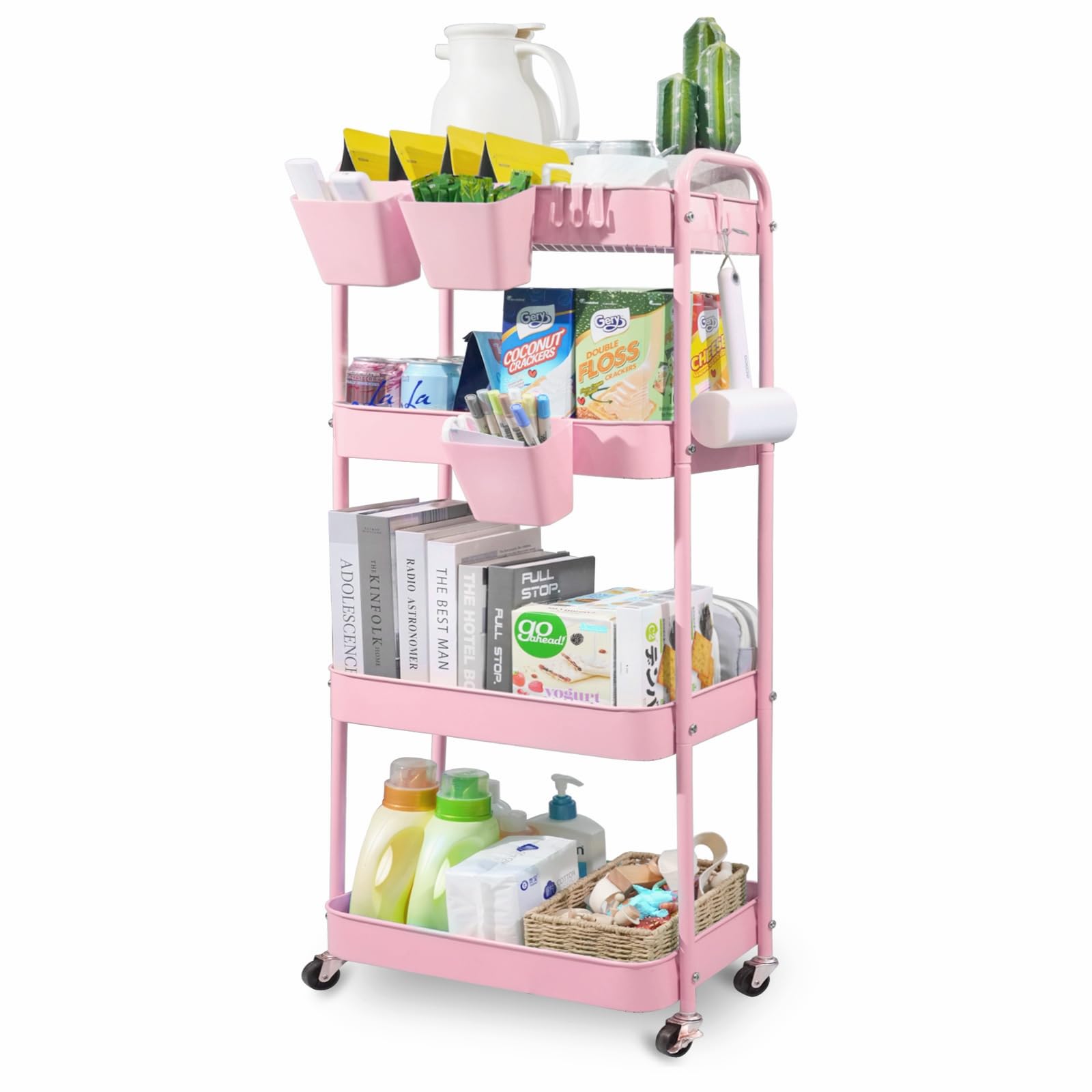 WONSAR 4 Tier Rolling Cart, Metal Rolling Cart with Wheels with 3 ...