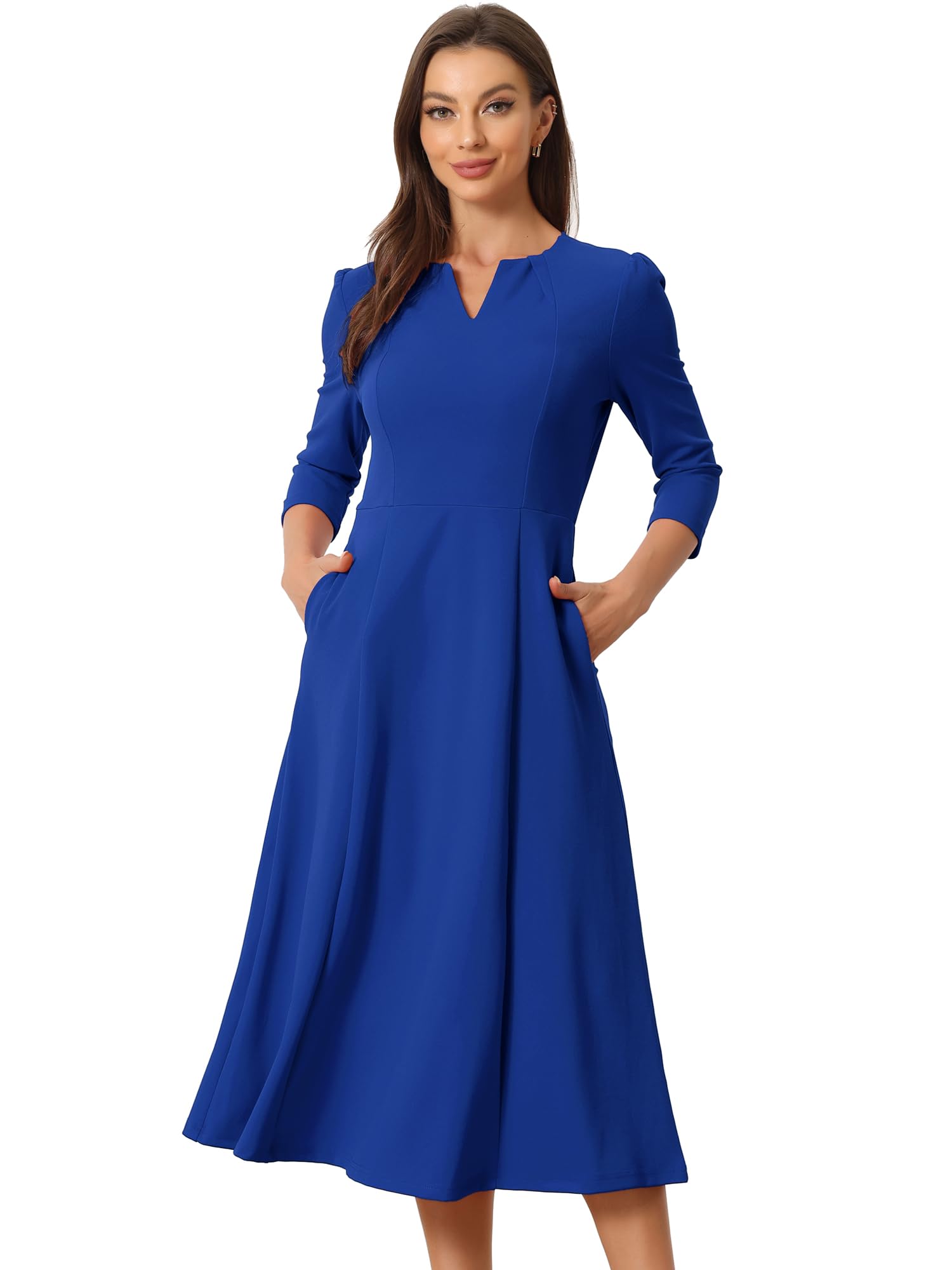 Allegra K Women's 3/4 Sleeve Dresses V Neck Elegant A-Line Work Business Formal Midi Dress with ...
