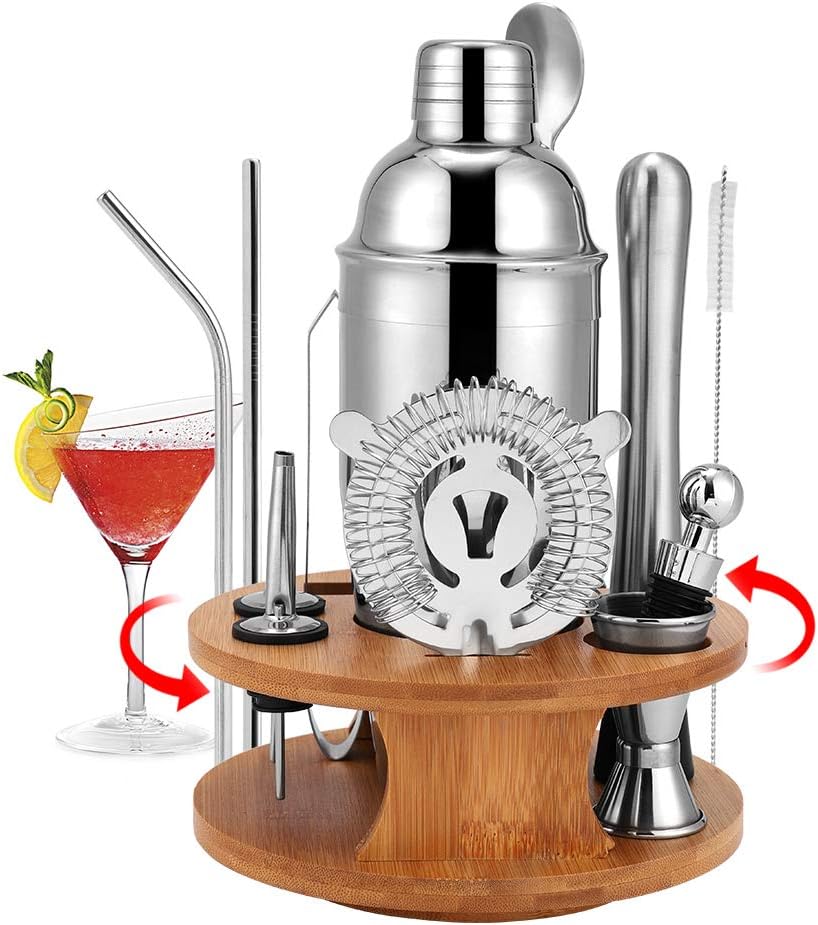HALOVIE Cocktail Making Set with Wooden Stand, 750ml Cocktail Shaker ...