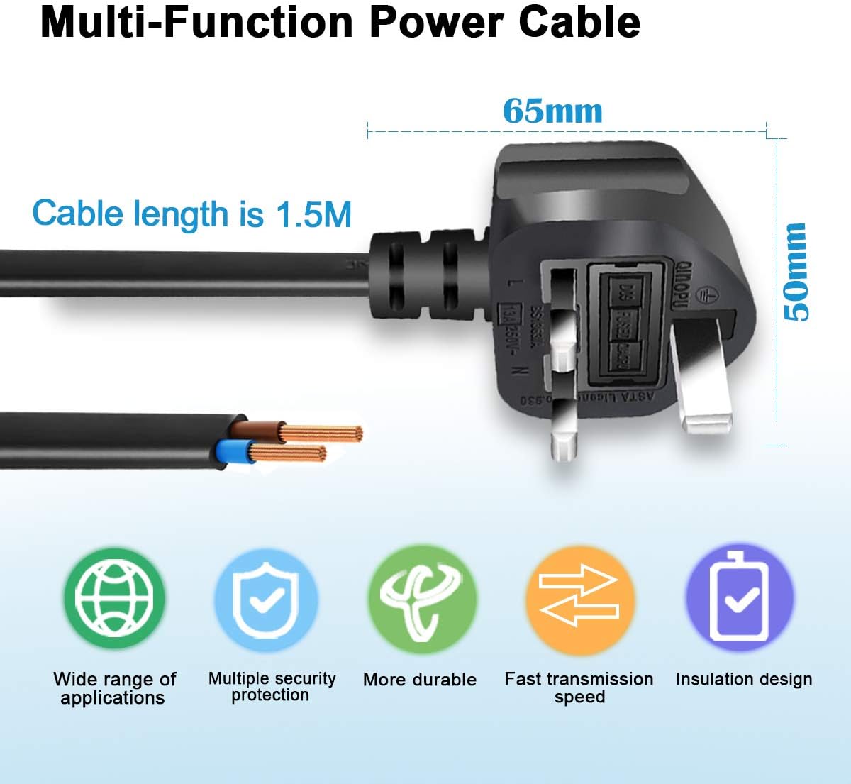 EXTRASTAR 13A Fused Power Cable, Unterminated Bare Raw Ends Mains Power ...