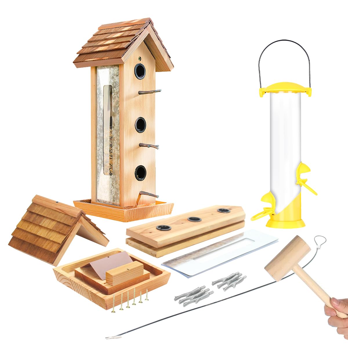 6 Ports Large Bird Feeder + Mealworm Feeder - Bamboo Shingles - DIY ...