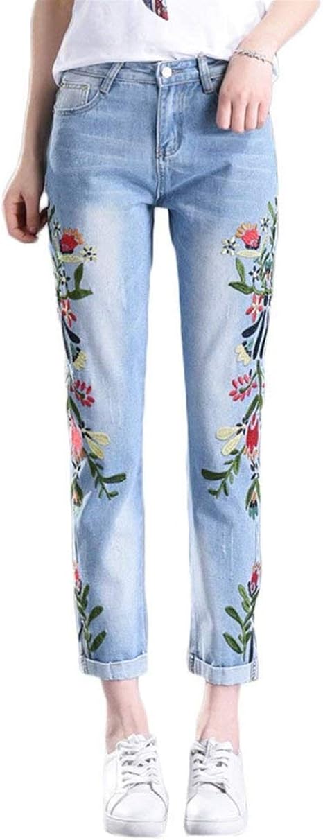 Ladies Denim Pants Rose Embroidery Skinny Stretch Pants Pencil Unique ...