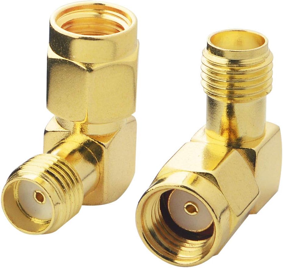 Adaptador coaxial RF RP-SMA macho a SMA hembra, conector acodado 90 grados, chapado en oro para ...