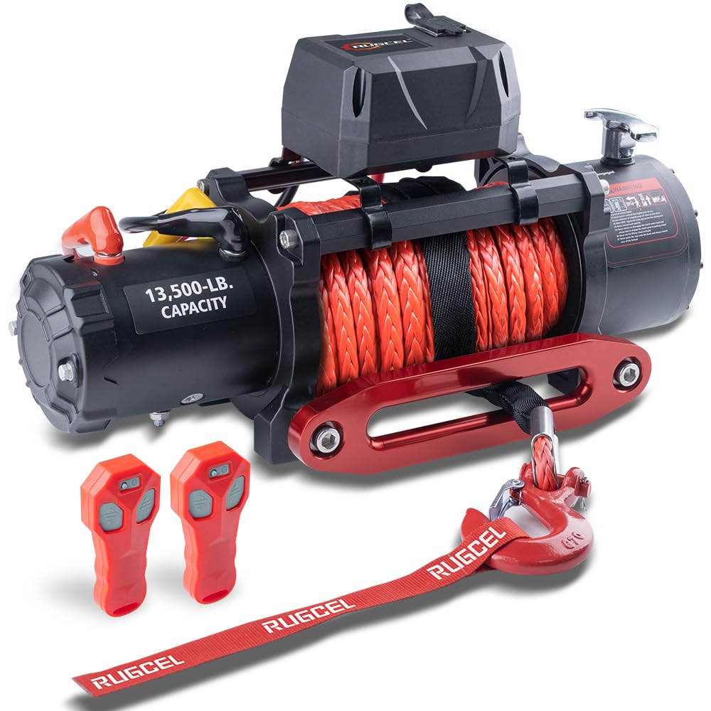 RUGCEL WINCH 13500lb Waterproof Electric Truck Winch 12V Synthetic Rope ...