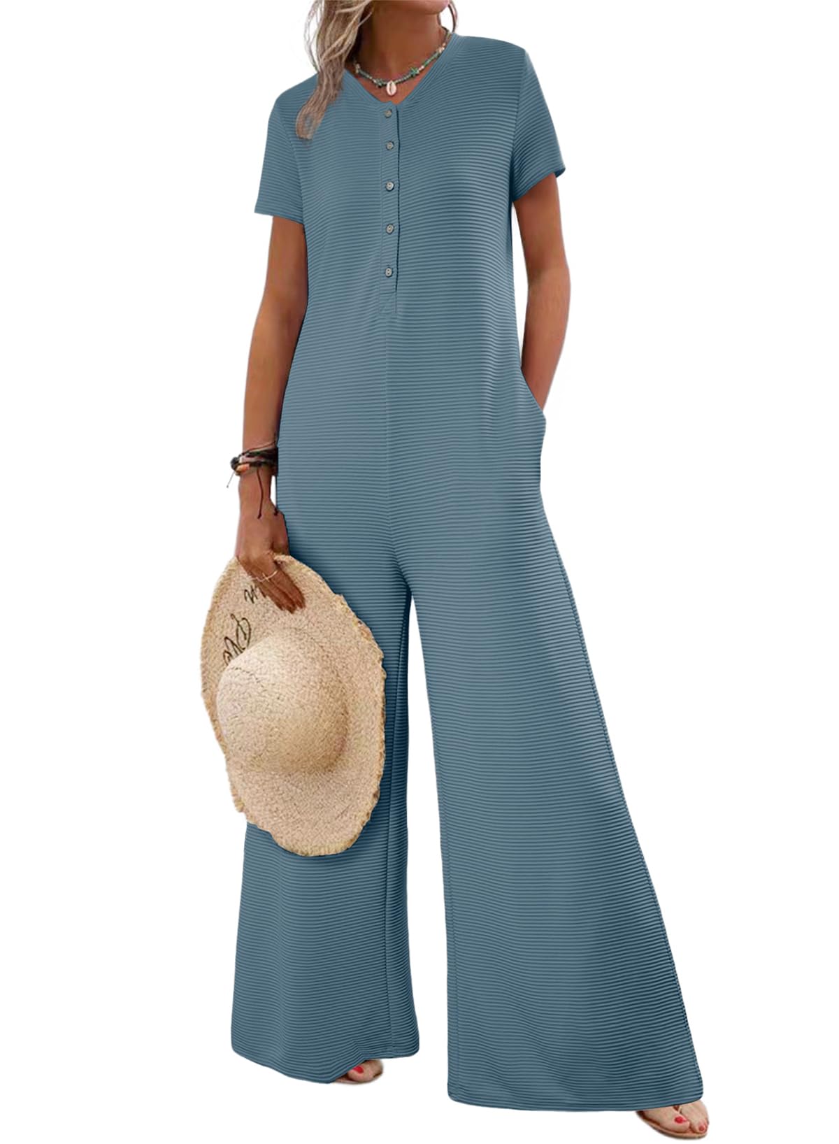 BLENCOT Women's 2025 Summer Short Sleeve Jumpsuits Crew Neck Button ...