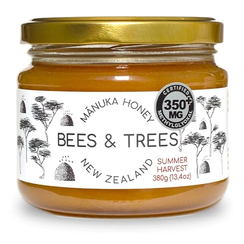 Bees & Trees 350+ MG 100% Raw New Zealand Manuka Honey, 380gm Glass Jar ...