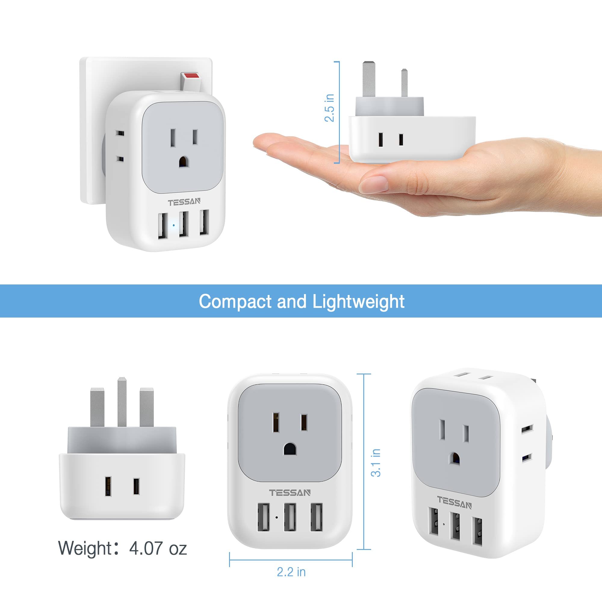 Mua US to UK Plug Adapter, TESSAN Type G Ireland Travel Adaptor with 4 ...