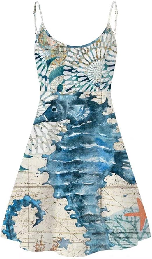 Women Sleeveless Dresses Bohemian Sea Turtle Print Summer Beach Sexy ...