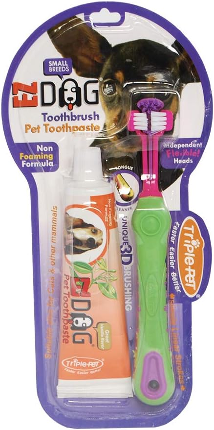 EZ Dog Pet Dental Care 3-Sided Toothbrush & Natural Toothpaste Kit for ...