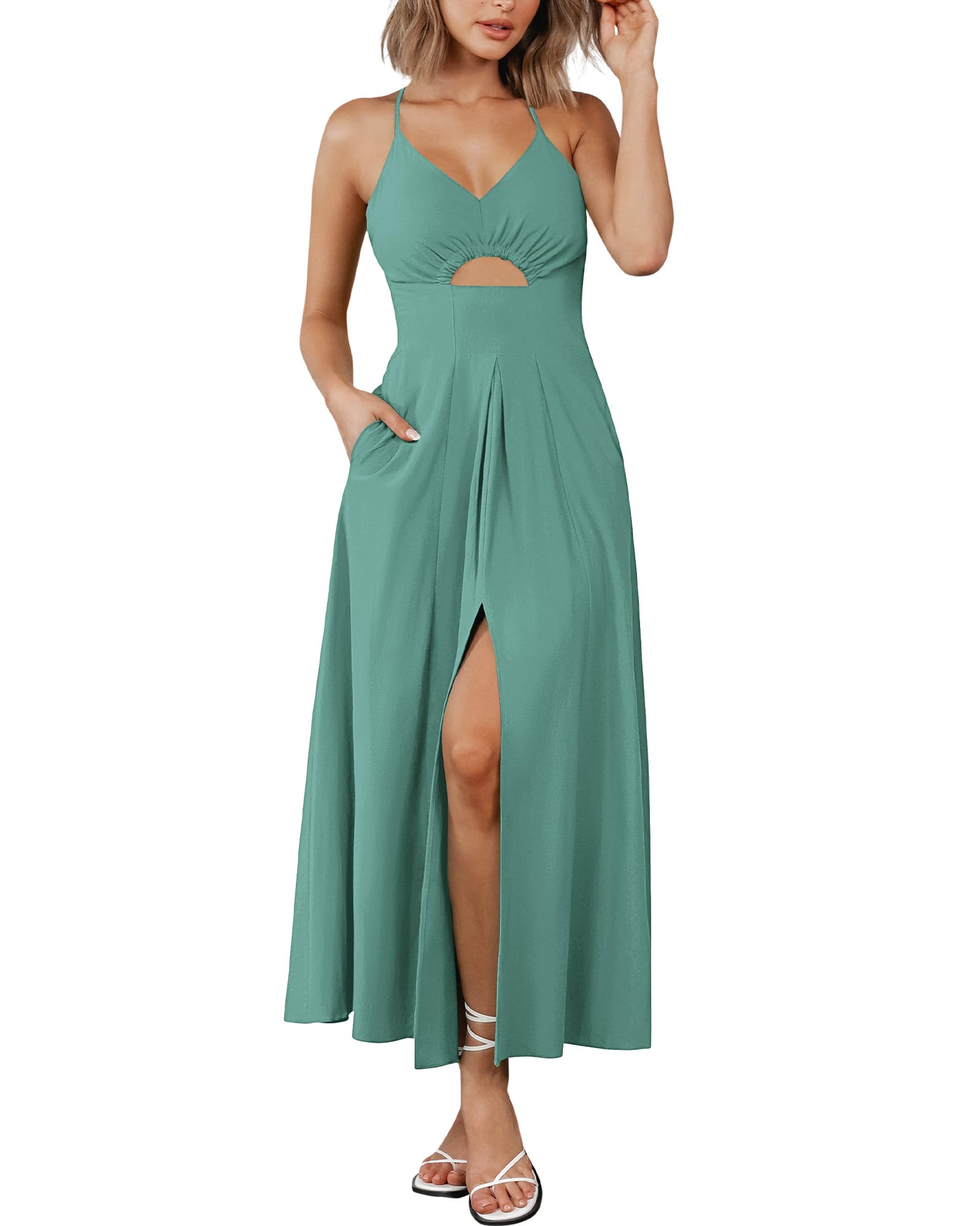 BTFBM Women 2025 Summer Spaghetti Strap Midi Dress Sleeveless V Neck ...