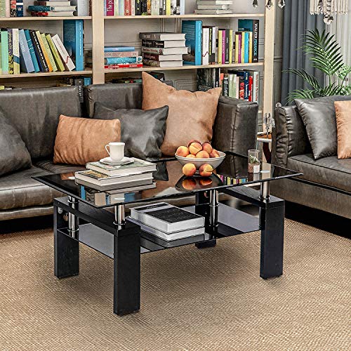 Merax Black Highlight Glass Top Cocktail Coffee Table With Wooden Legs ...