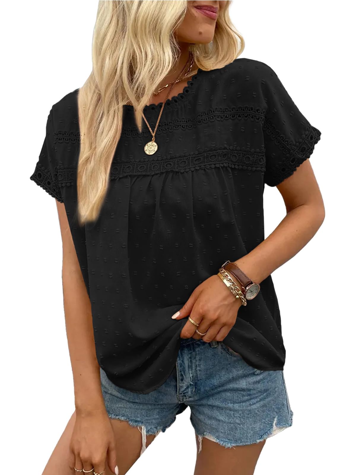 Poetsky Ladies Summer Short Sleeve Tops Round Neck Lace Crochet Shirts Dressy Work Blouses Black ...