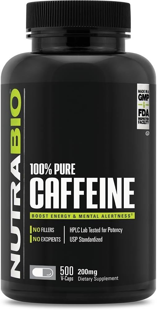 Amazon.com: NutraBio 100% Pure Caffeine Anhydrous (500 Capsules, 200mg ...