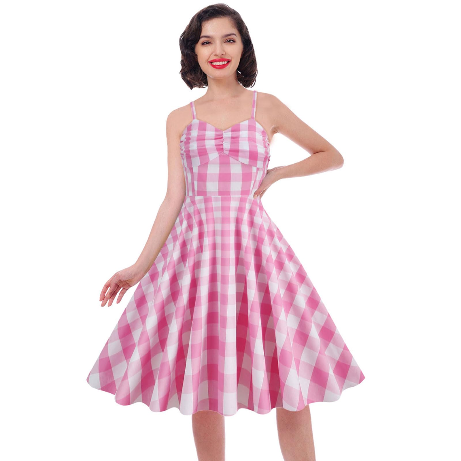 Pink Gingham Dress Women Plaid Dresses Midi Swing Dresses Spaghetti ...