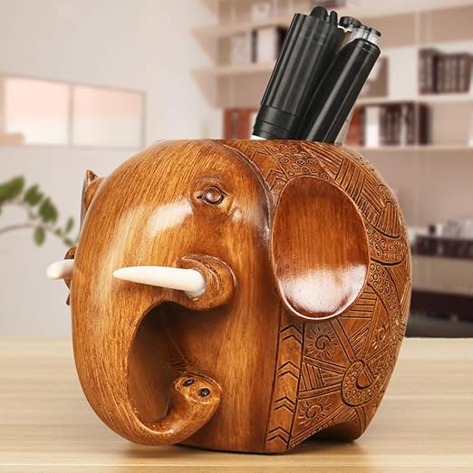 PENCIL2 Pencil Holder, Artificial Resin Carving Elephant Pencil Holder ...