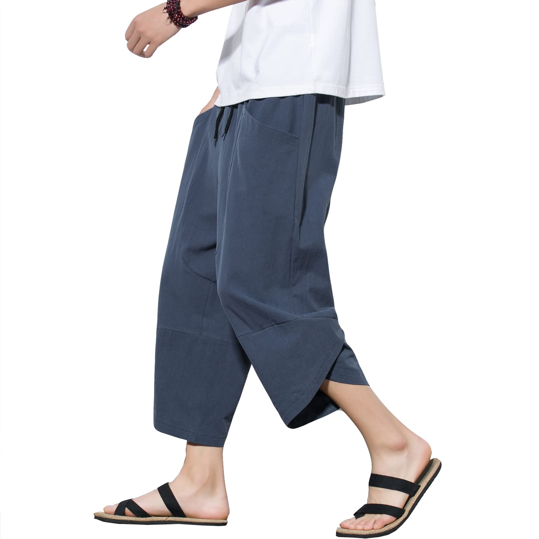 DOSLAVIDA Men's Linen Harem Capri Pants Lightweight Elastic Waist Wide ...