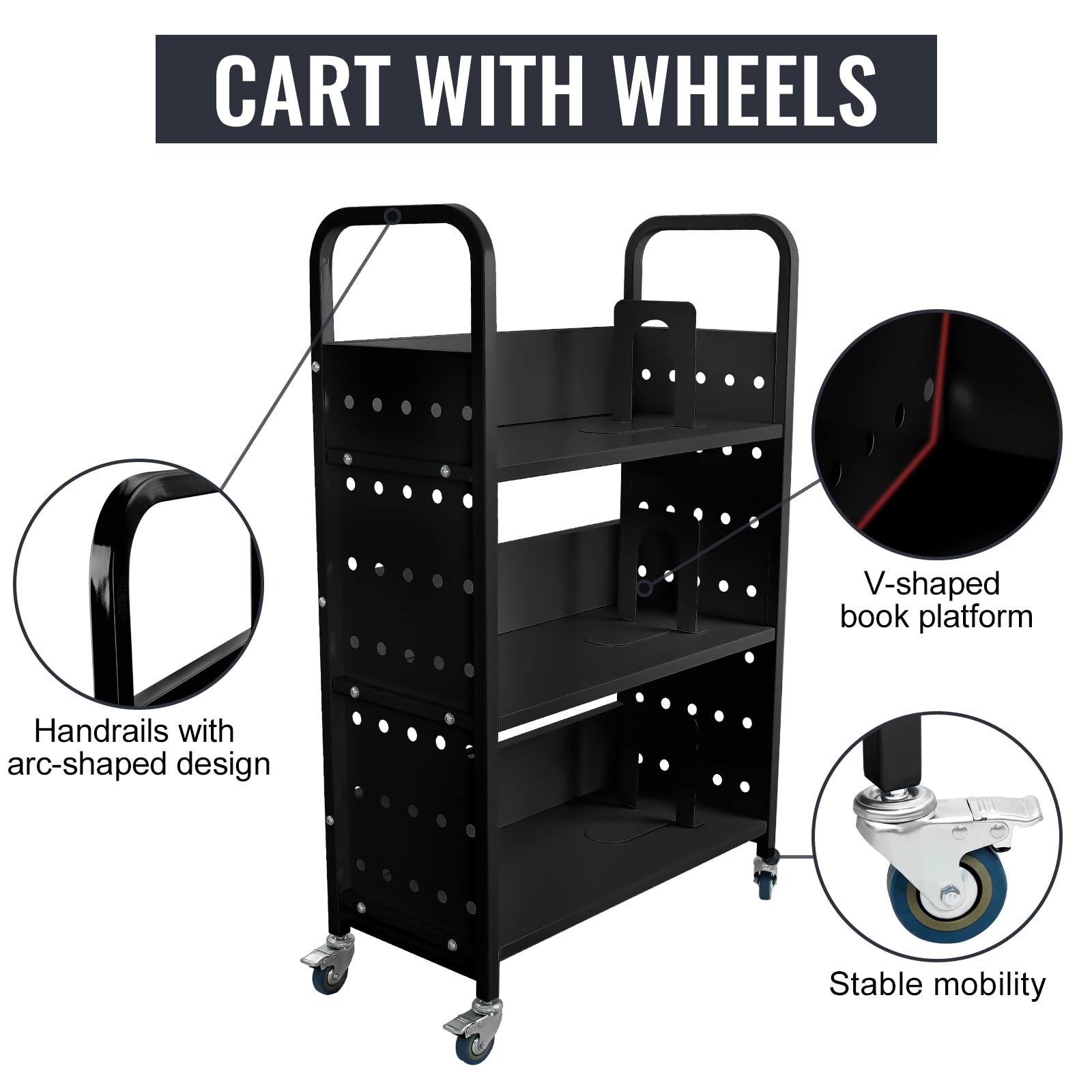 OUKIDR Book Cart, 200LBS 3-Shelf Library Cart, Single Sided V-Shaped ...