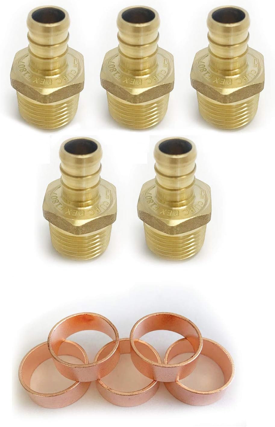 5 PIECES EFIELD PEX 3/4 INCH x 3/4 INCH NPT MALE ADAPTER BRASS CRIMP FITTING(NO LEAD) + 5 PCS SS ...