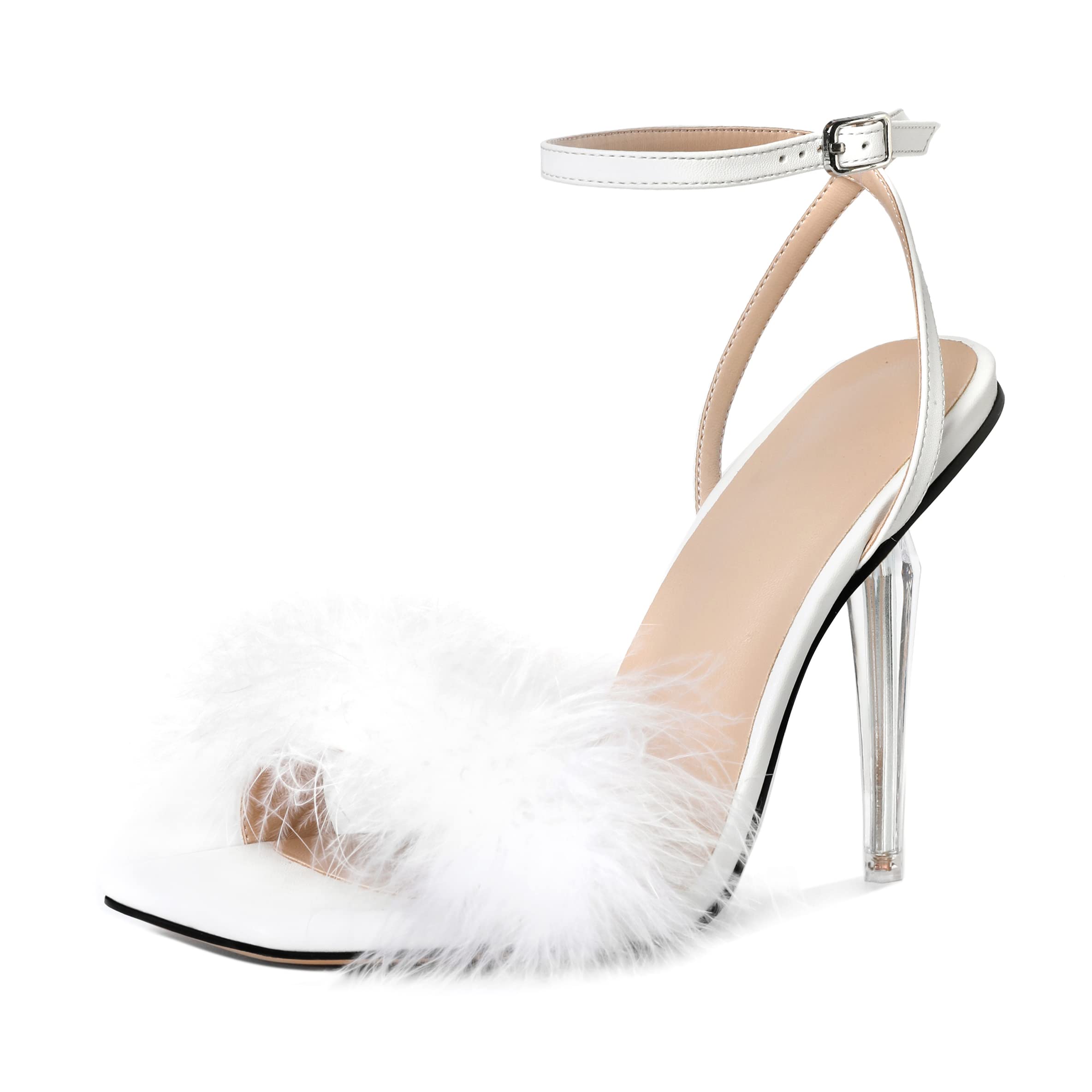 YODEKS Heeled Sandals Square Open Toe Stiletto High Heels Fluffy Furry ...