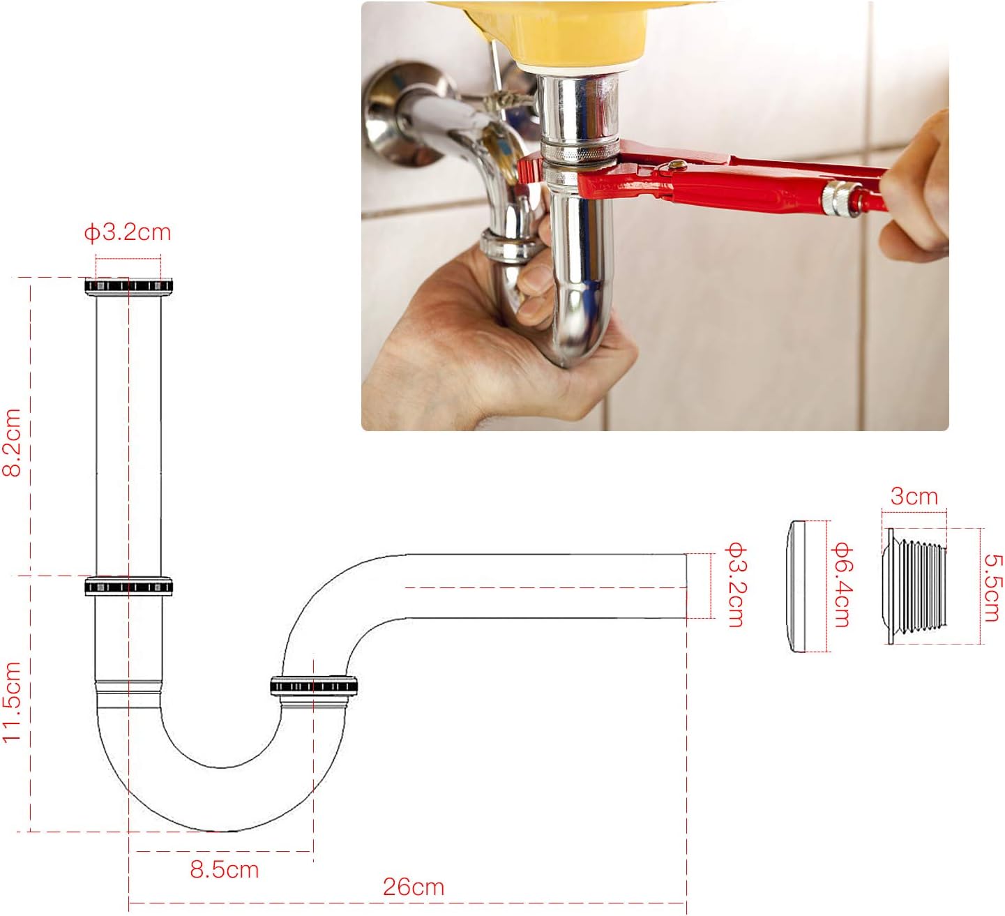 DESON P Trap Basin Trap Drain Stainless Steel Universal Siphons 1 1/4 ...