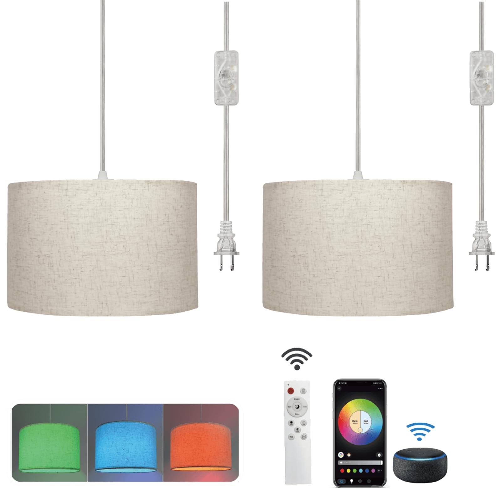 Hanging Lamp Plug in Pendant Light 2 Pack with Remote Control, 15Ft ...