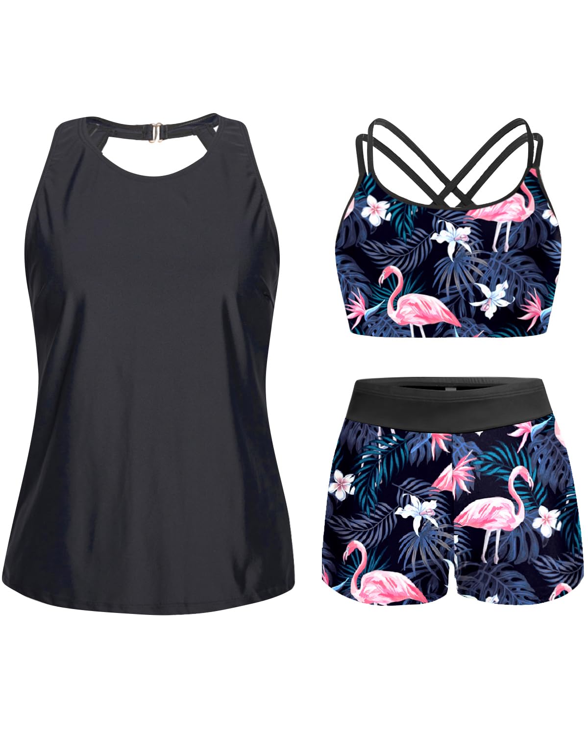 Tempt Me Black Flamingo 3 Piece Swimsuit for Women Tankini Bathing Suit ...