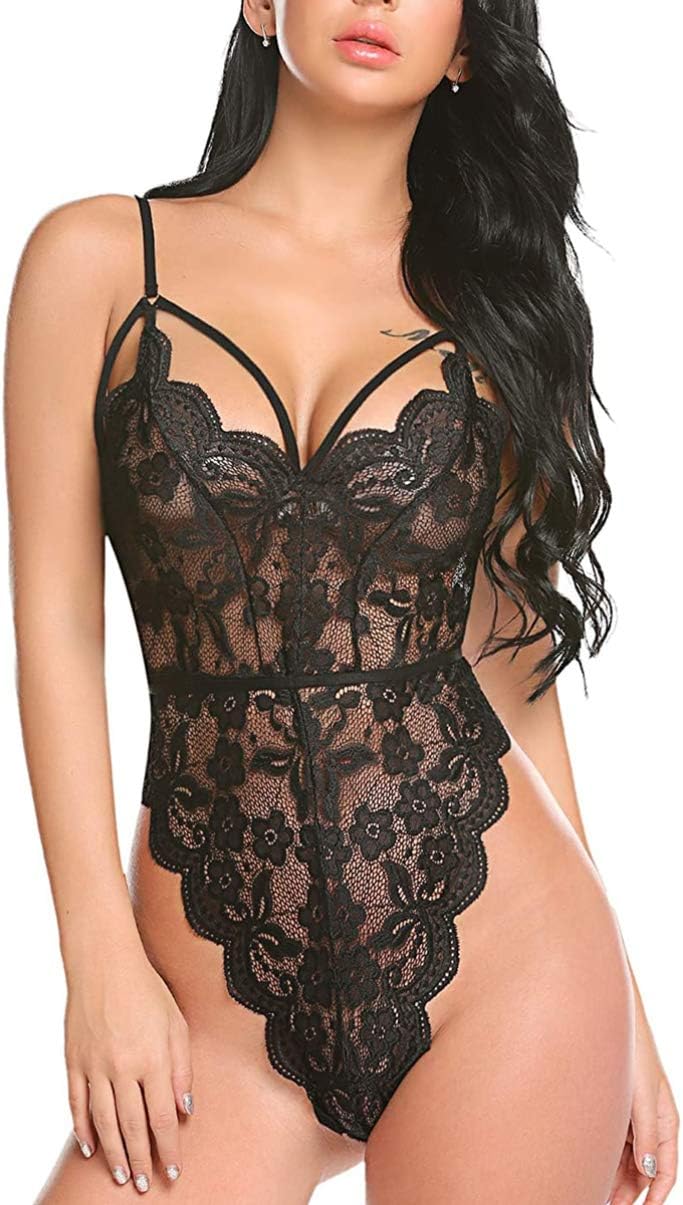 Supvox Mujeres Lencería Sexy Body de Encaje Una Pieza Halter con Cuello en V Babydoll Mini Body ...