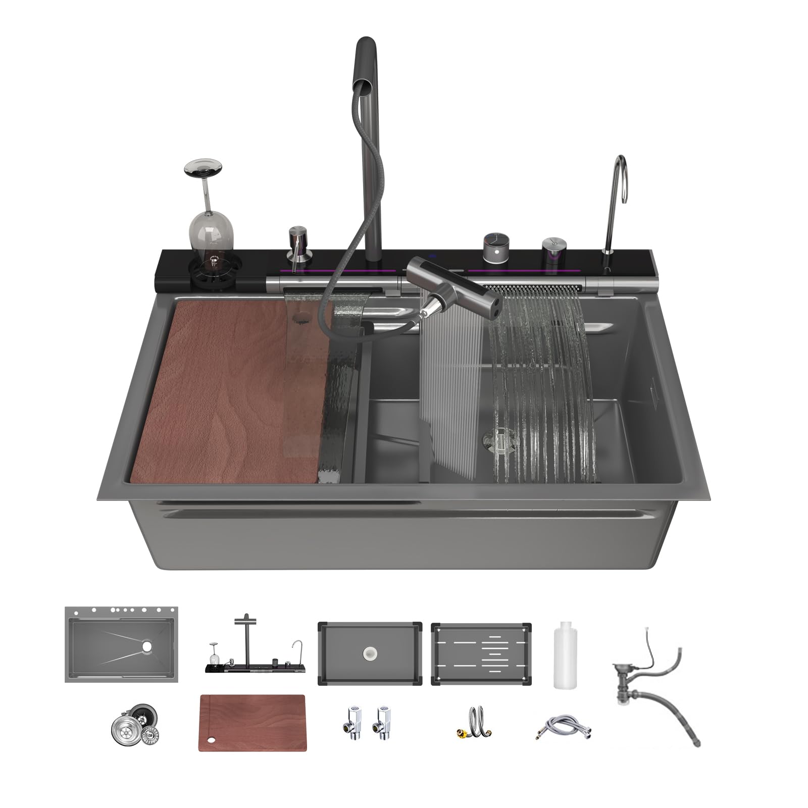 FVVJVV Double Waterfall Kitchen Sink 33 x 22 in 9 Gauge Stainless Steel ...