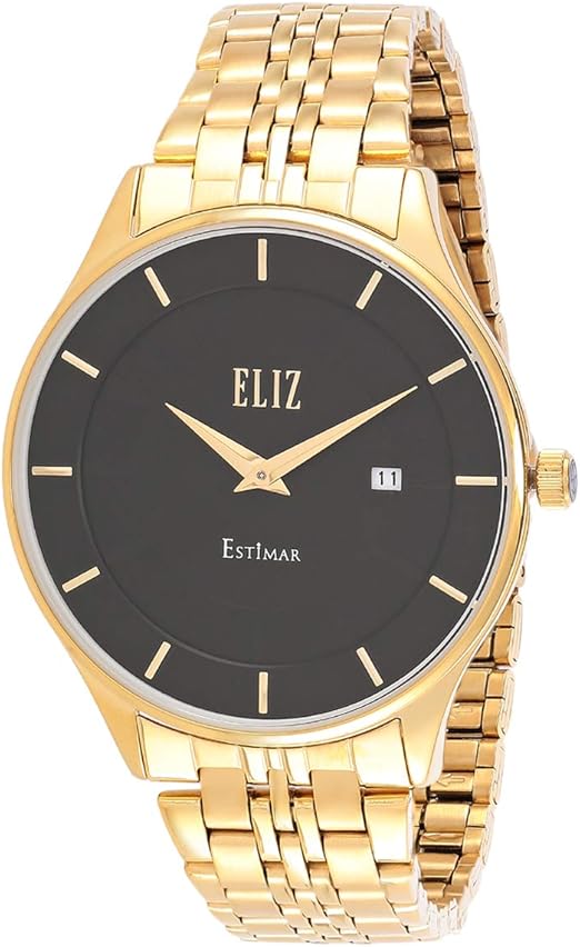 ELIZ Men's Black Dial 22K Gold Plated Stainless Steel Band Watch ...