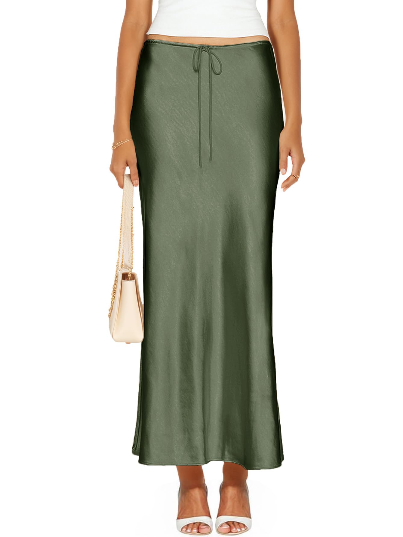 VividHarbor Women's Drawstring Satin Maxi Skirt High Waist Silk A Line Flowy Long Skirts Army ...