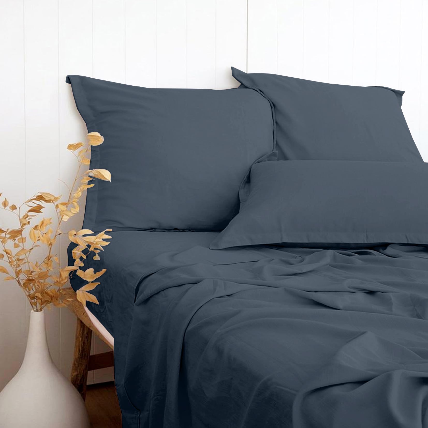 Dusty Blue Linen-Textured Bed Sheets Set, Bamboo Rayon , Cotton , Linen ...