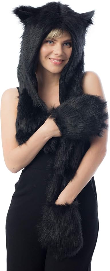 Amazon.com: Black Cat Full Animal Hood Hoodie Hat Faux Fur 3 in 1 ...