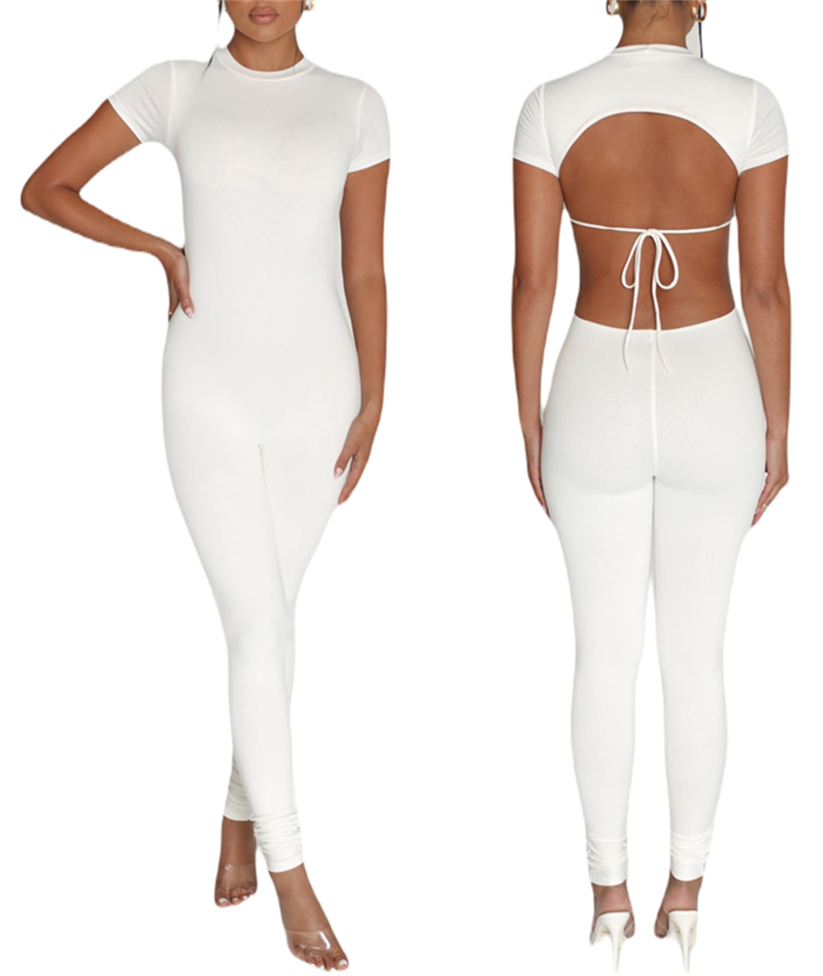 Bodycon Jumpsuits for Women Sexy Backless Short Sleeve Round Neck Tie ...