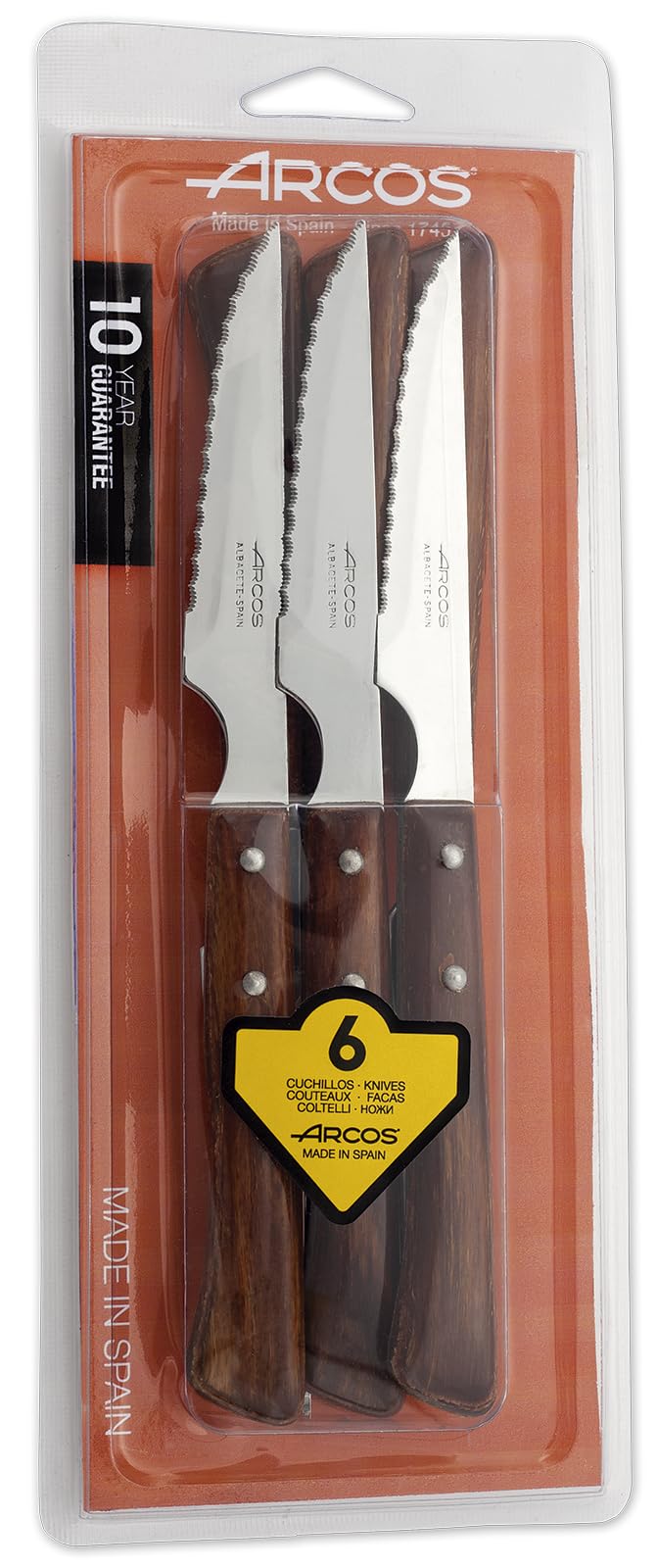 ARCOS Steak Knives Set of 6 in Stainless Steel. Meat Knife Pack with ...