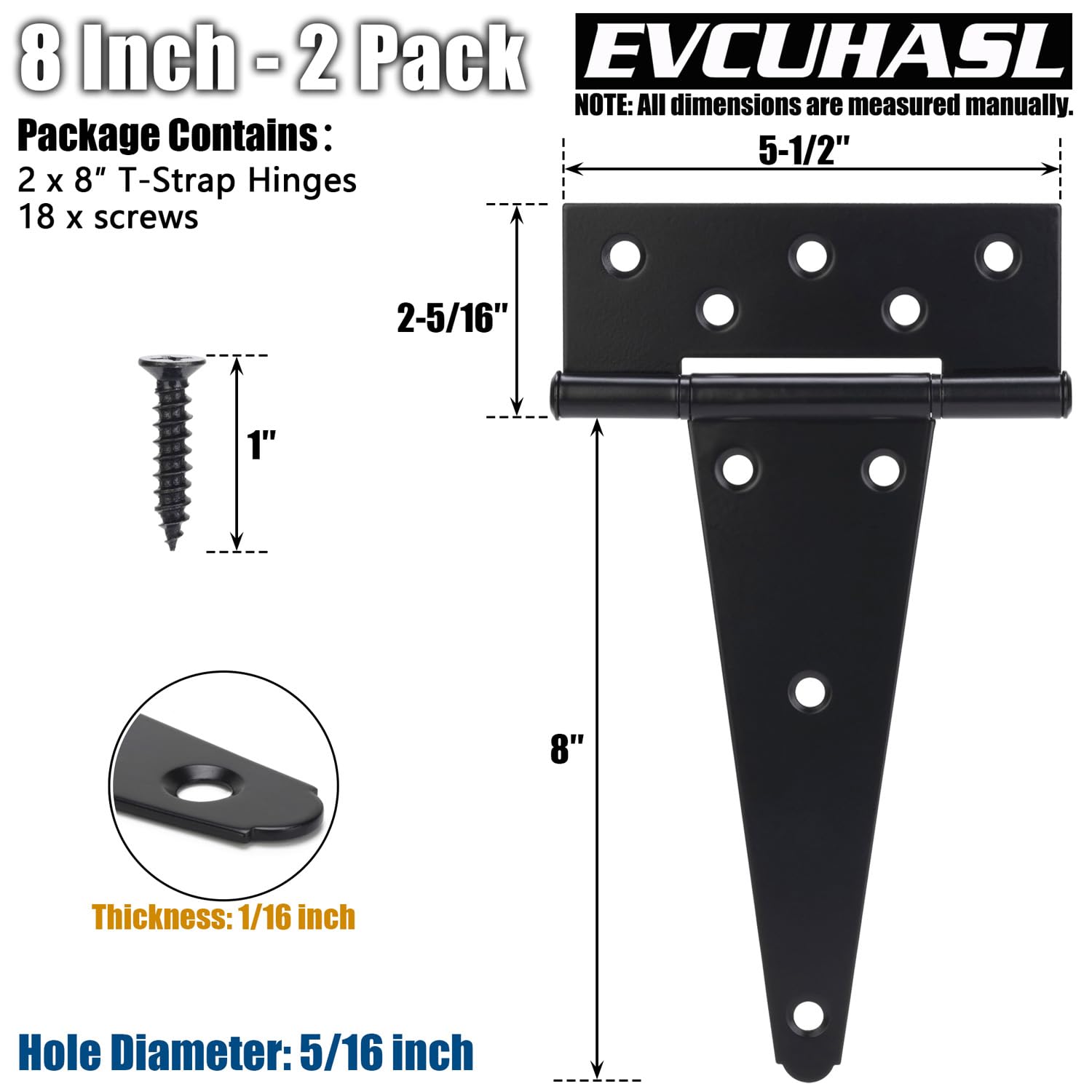 EVCUHASL 8 Inch T-Strap Gate Hinges, Shed Barn Door Hinges Heavy Duty ...