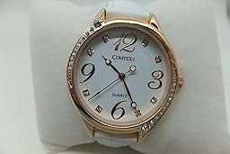 COMTEX Ladies Watches Rose Gold Tone with White Leather Strap Fashion ...