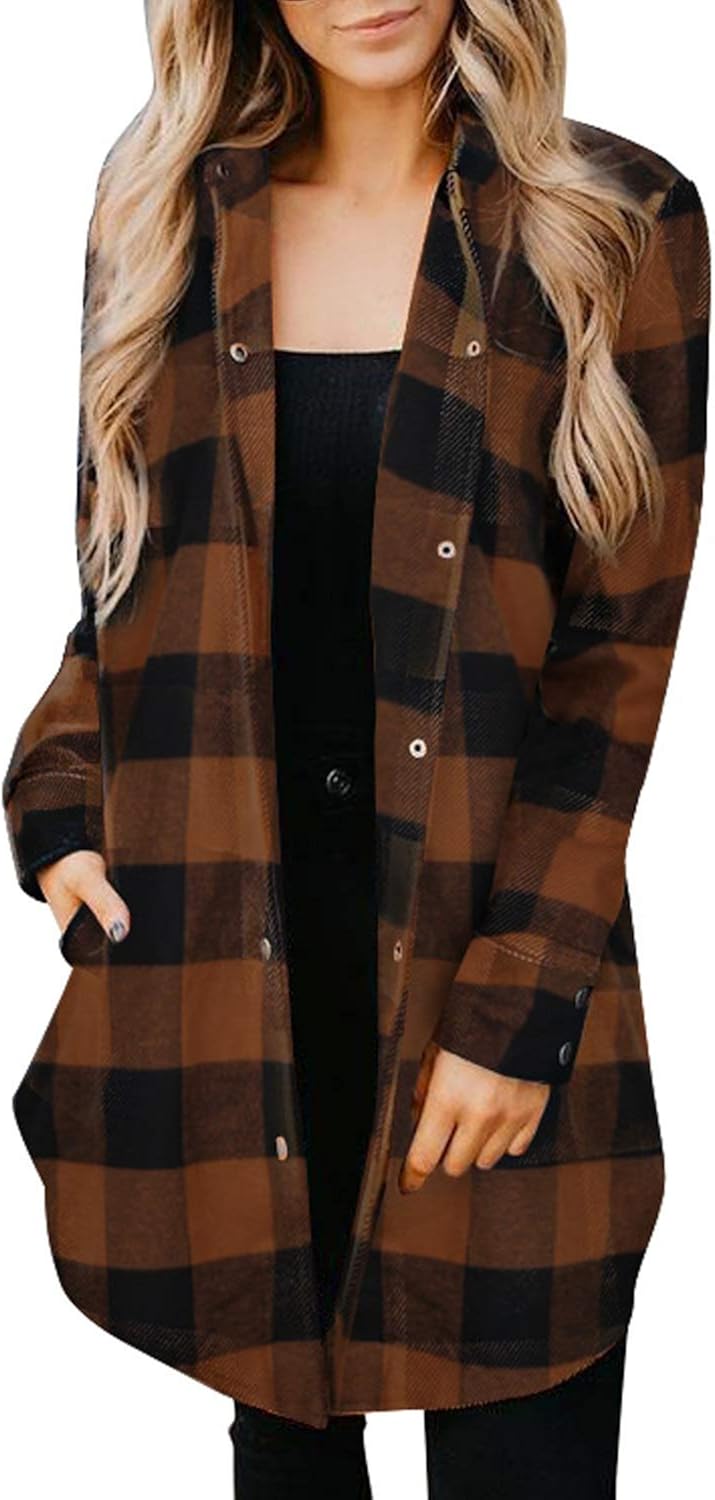 CORAFRITZ Women Fashion Color Block Jacket Plaid Shirt Button Down Long ...