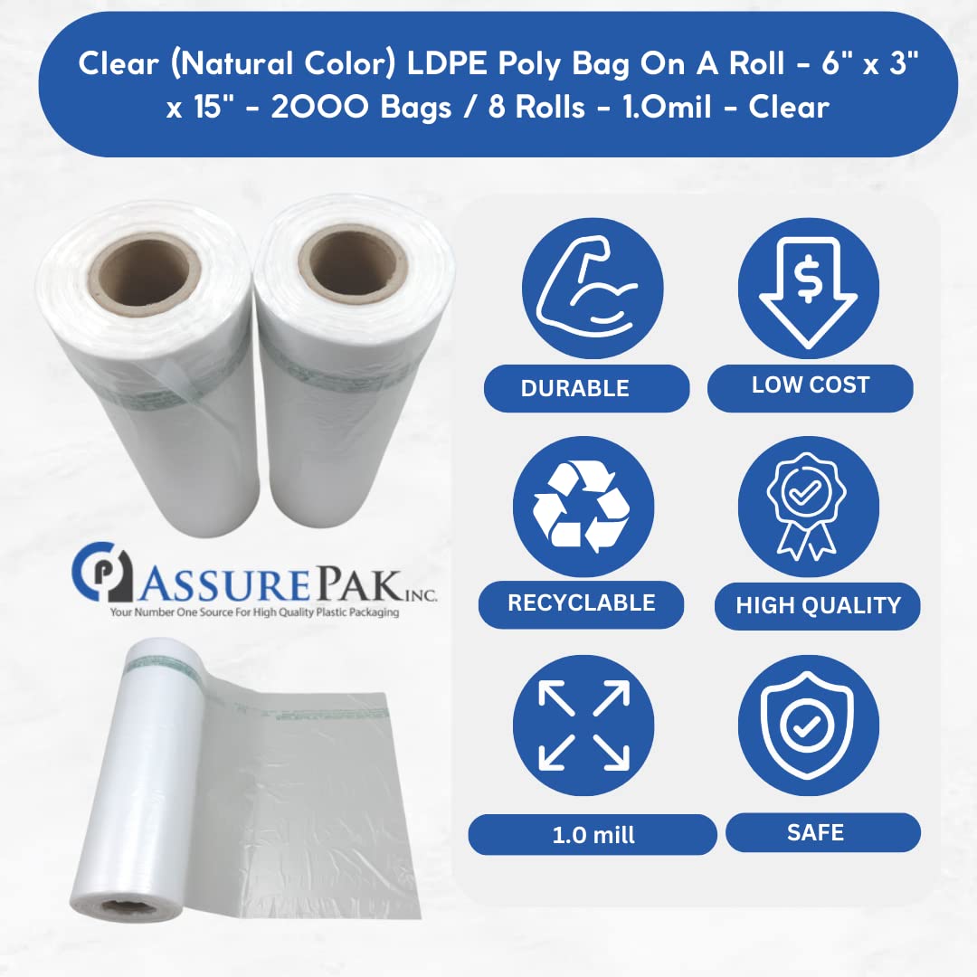 Clear (Natural Color) LDPE Poly Bag On A Roll - 6" X 3" X 15" - 2000 Bags / 8 Rolls - 1.0mil ...