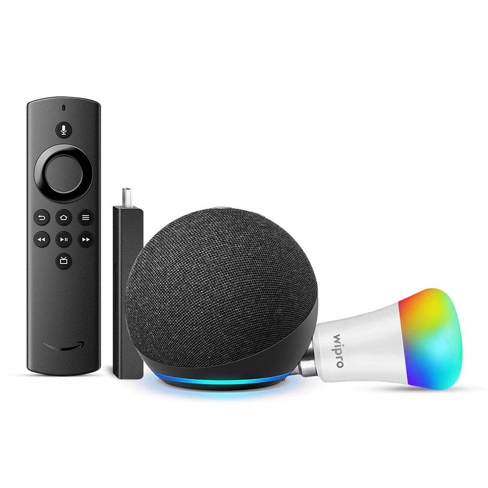 Echo Dot (4th Gen, Black) bundle with Fire TV Stick Lite and Wipro 9W ...