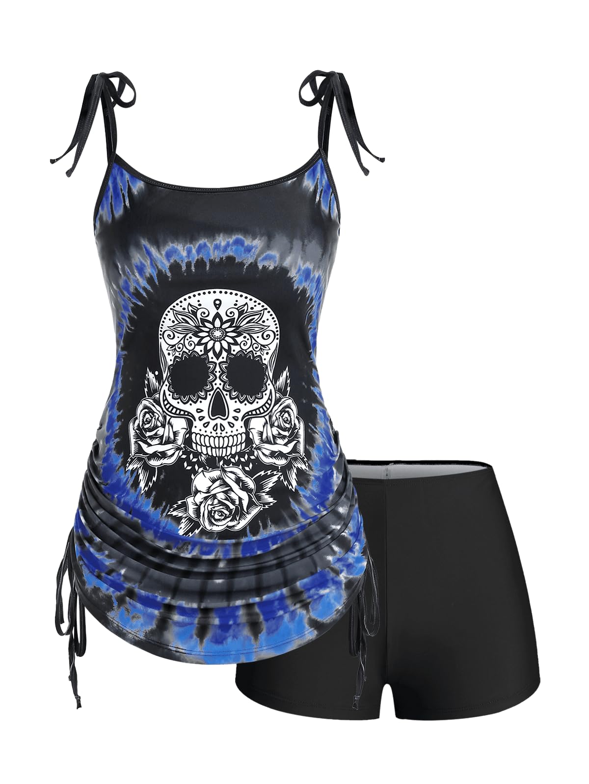 Rosegal Womens Plus Size Skull Rose Tie Dye Print Cinched Ruched Tie ...