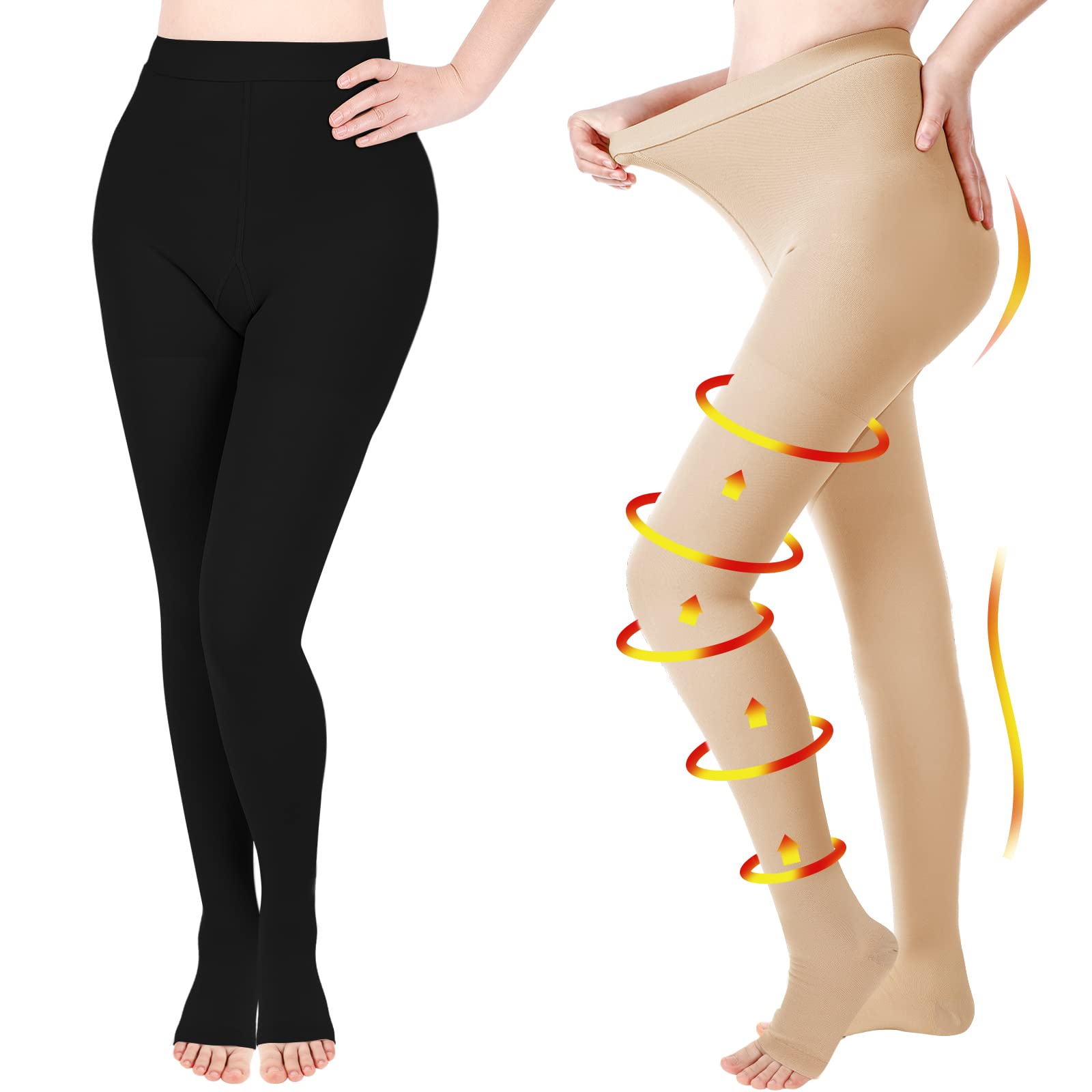 Heentan 2 Pairs Open Toe Compression Pantyhose 20-30mmHg Compression ...