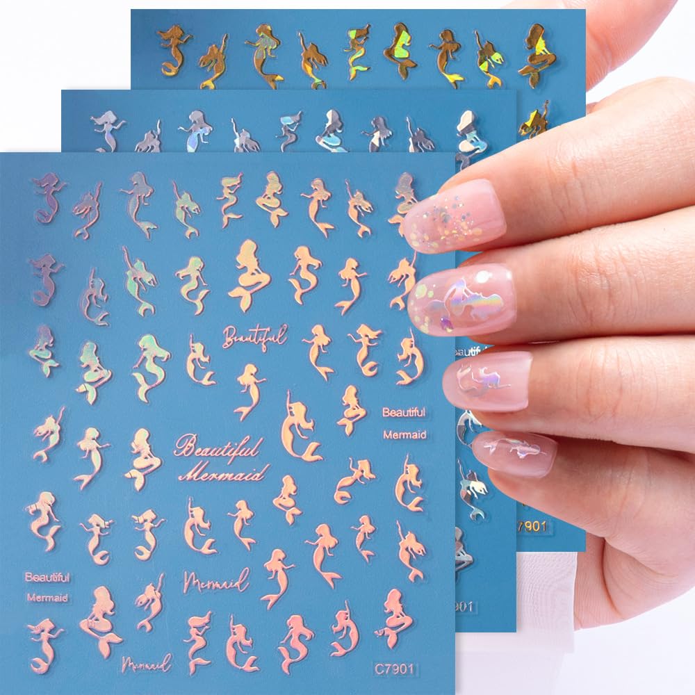8 Sheets Beach Nail Art Stickers Decals 3D Self-Adhesive Laser Mermaid ...