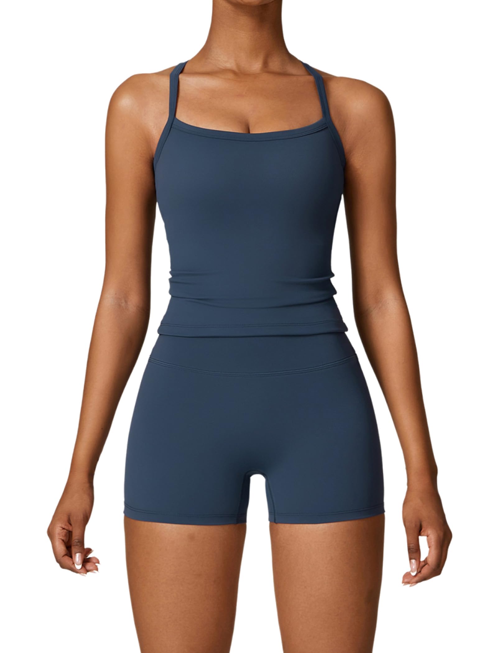 QBGJTD Two Piece Workout Sets For Women Straps Cross Back Tank Top Matching High Waist Booty ...