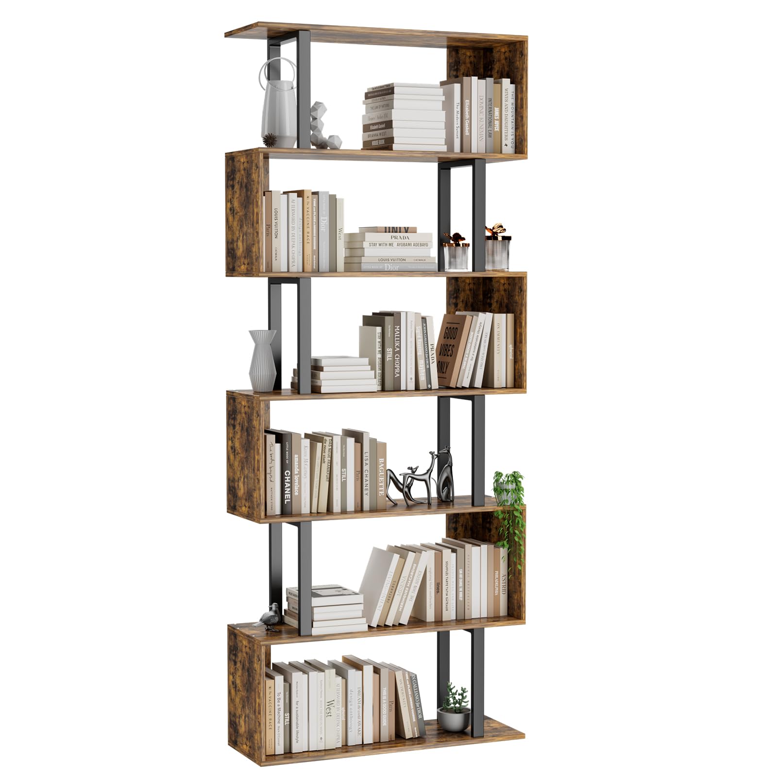 Gadroad 6 Tier Geometric Bookcase,S Shaped Bookshelf, Wood Decorative ...